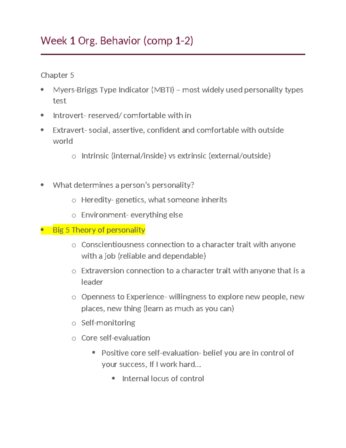 Week 1 Org. Behavior: MBTI, Personality Theories & Group Dynamics - Studocu