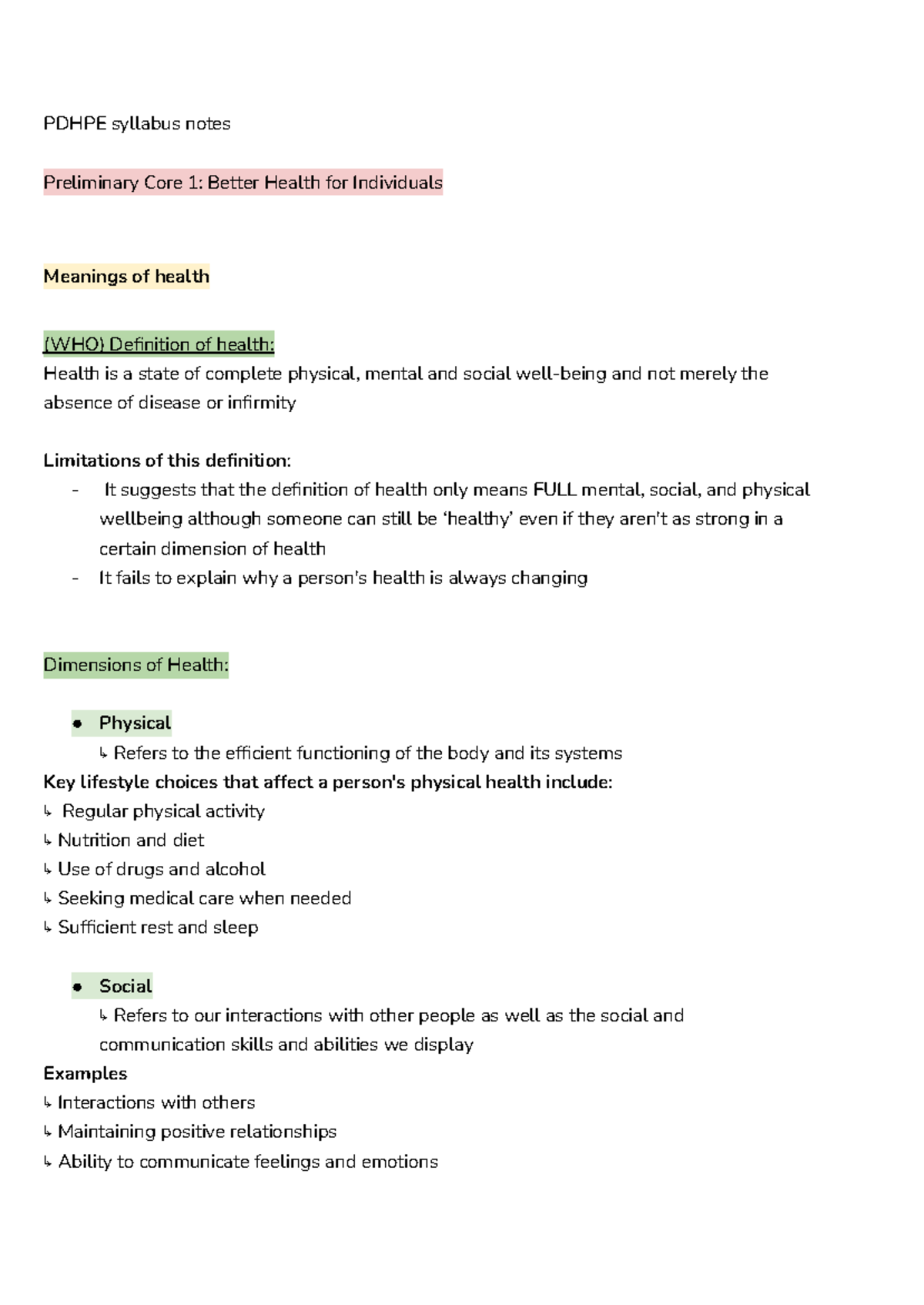 PDHPE Syllabus Notes: Understanding Health Dimensions and Determinants ...
