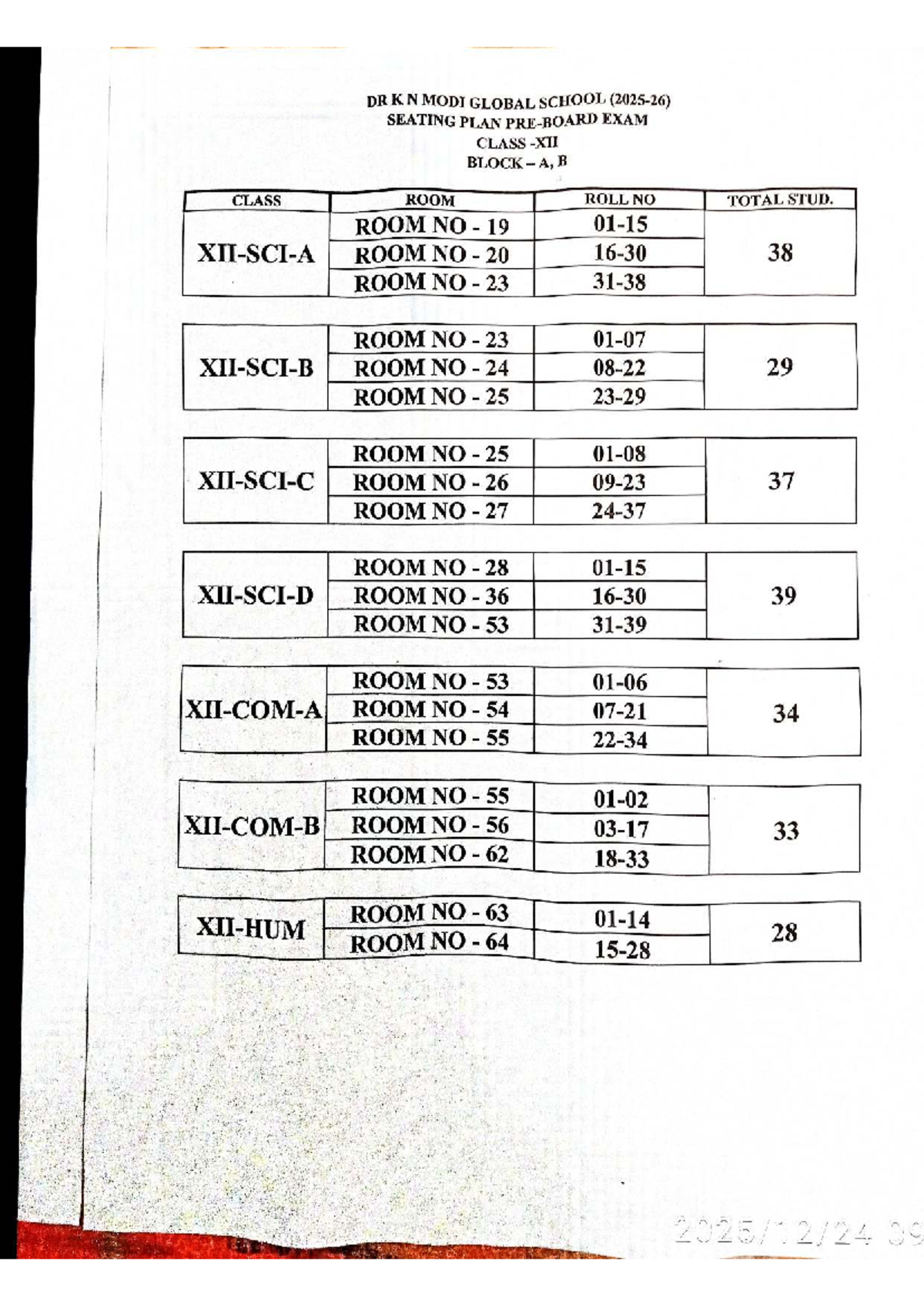 Class XII Seating Plan - BTech Exam - Studocu