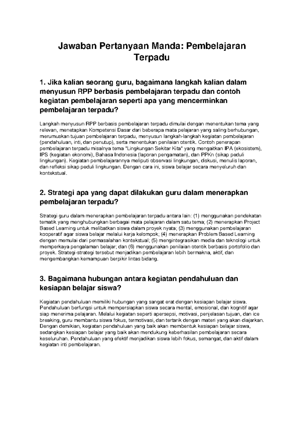 RPP Pembelajaran Terpadu: Strategi dan Contoh Kegiatan - Studocu