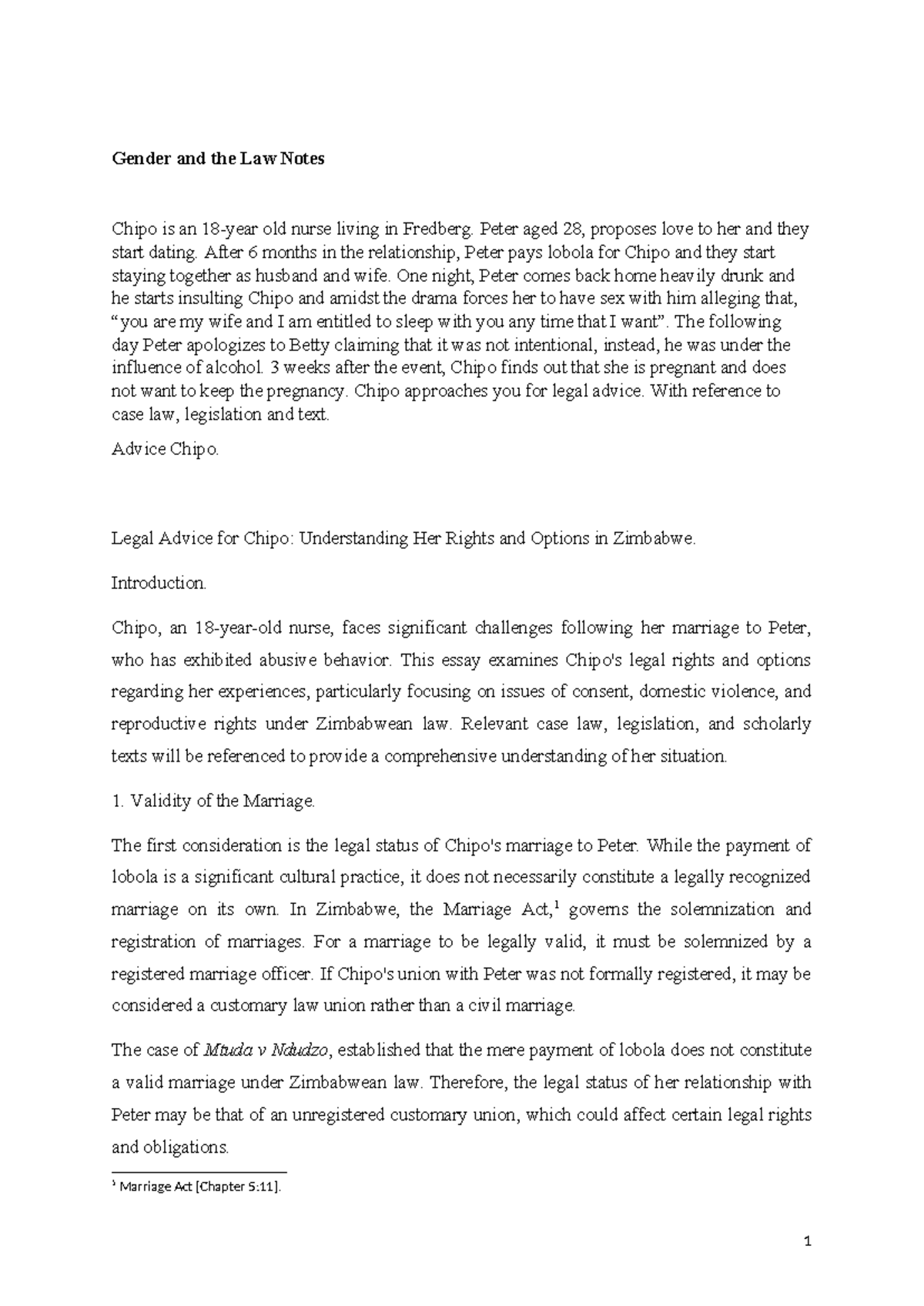 Legal Rights and Options for Chipo: Gender and Law Notes (GL 101) - Studocu