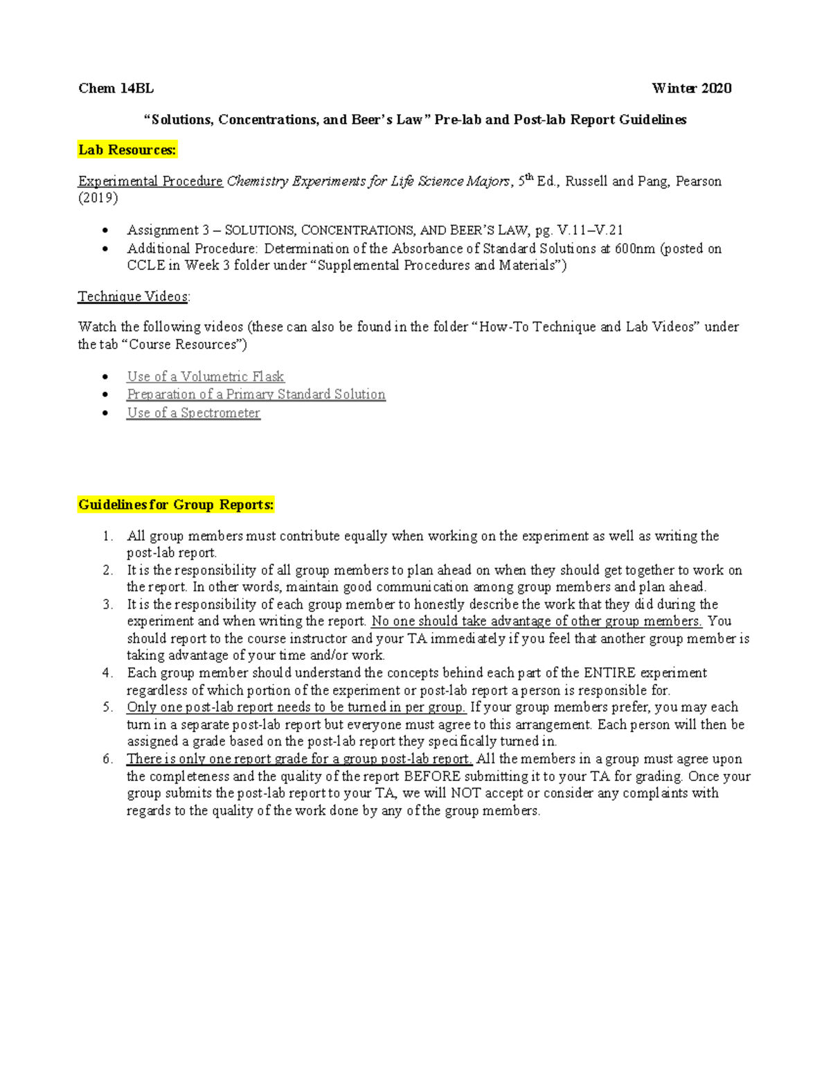 Week 3 Beers Law Report Guidelines - Chem 14BL Winter 2020
