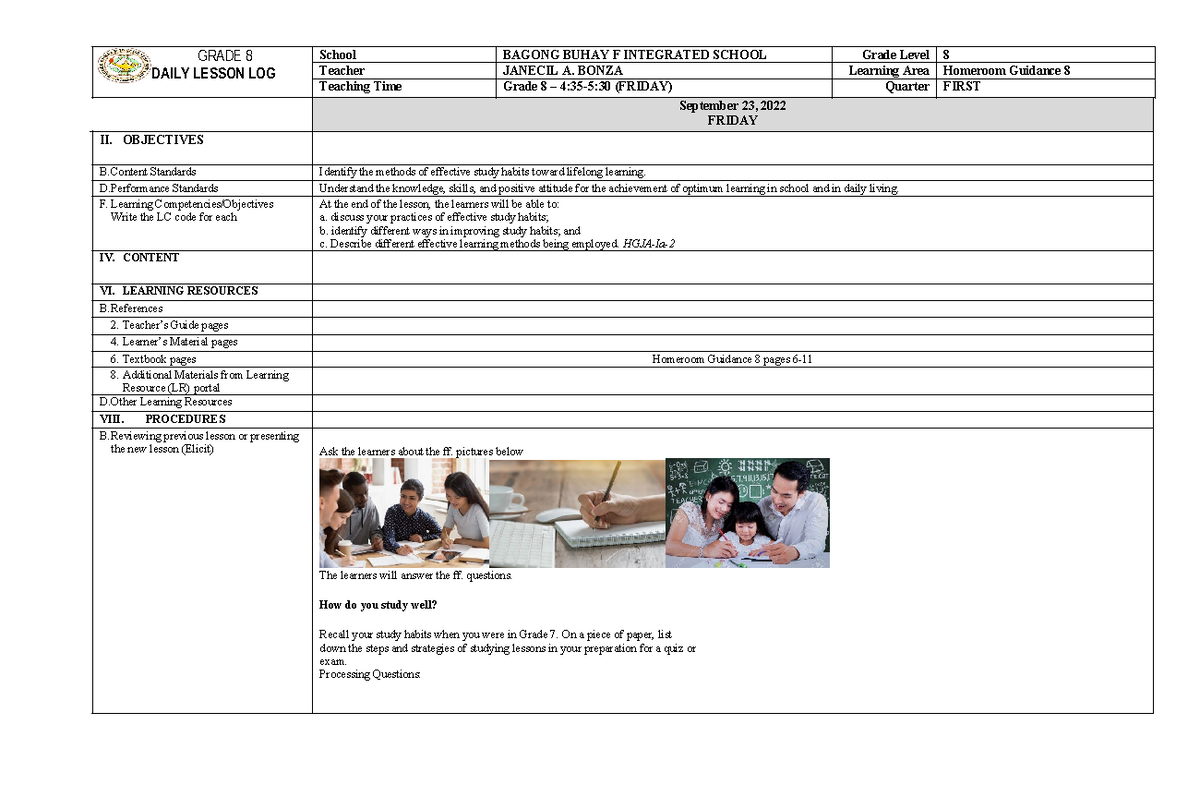 598851916 Homeroom Guidance Lesson Log Module 1 Q1 2022 - Studocu