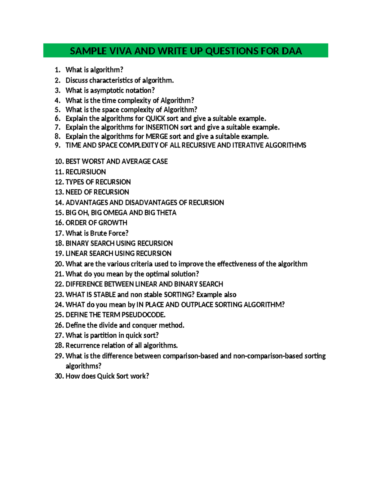 Sample VIVA Questions & Write-Up for DAA: Algorithms & Complexity - Studocu
