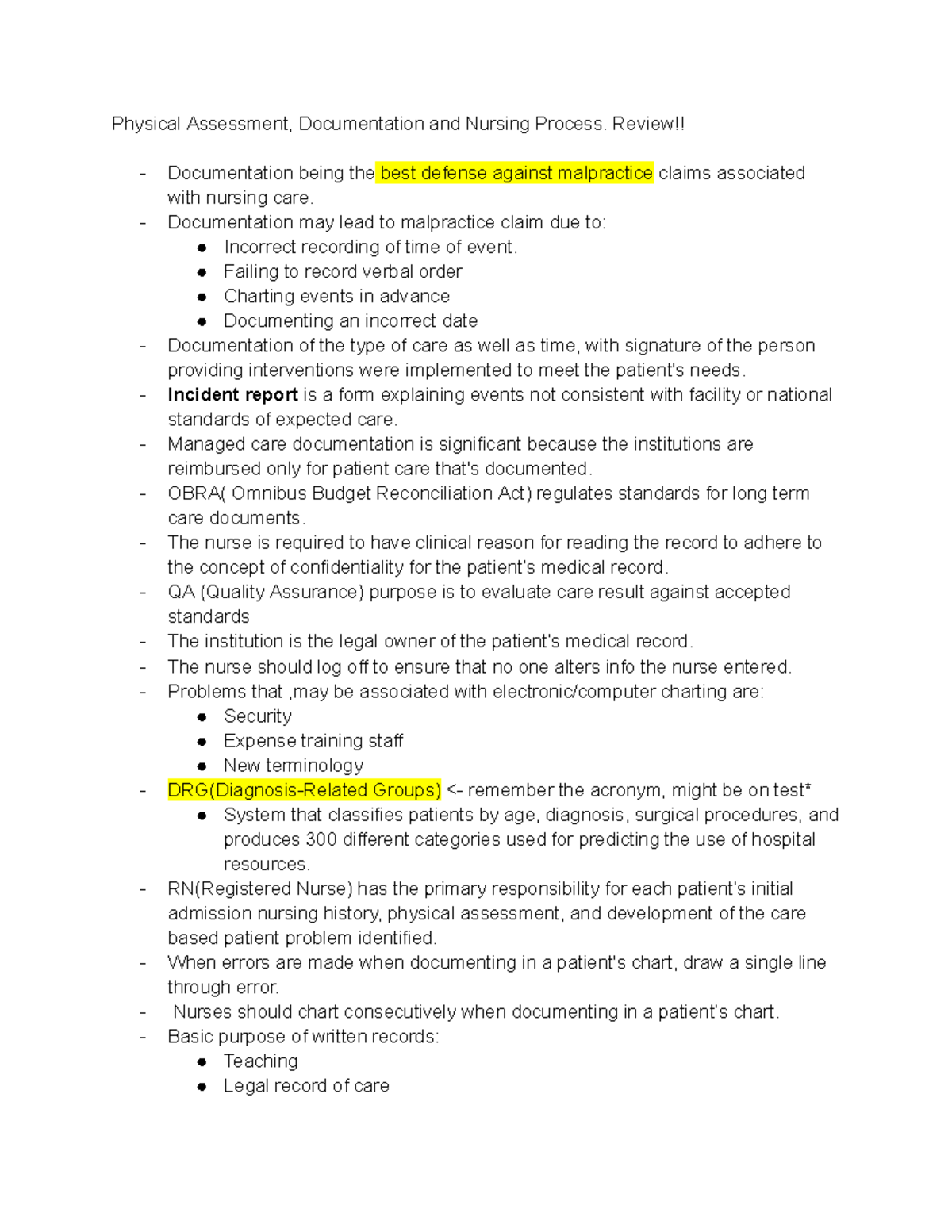 Nursing Process Review & Documentation for Physical Assessment (NUR 301 ...