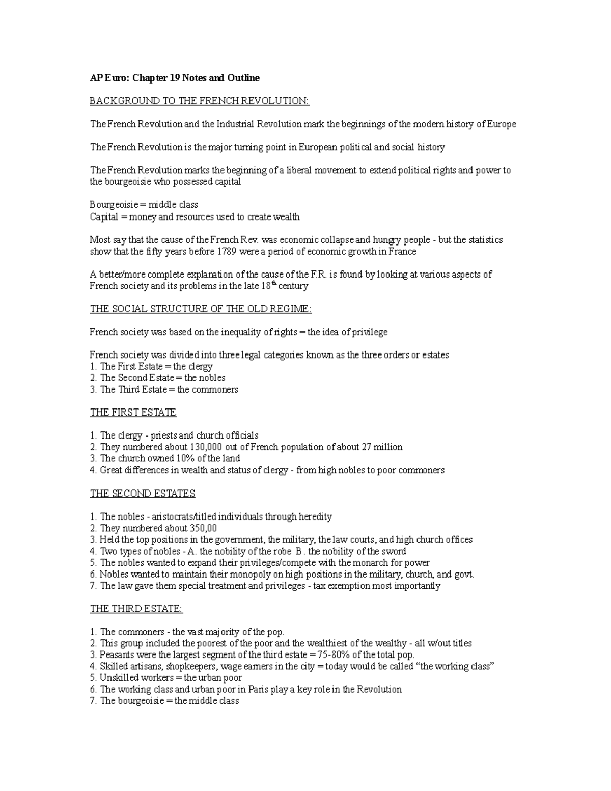 AP Euro - Chapter 19 Notes: The French Revolution Overview - Studocu