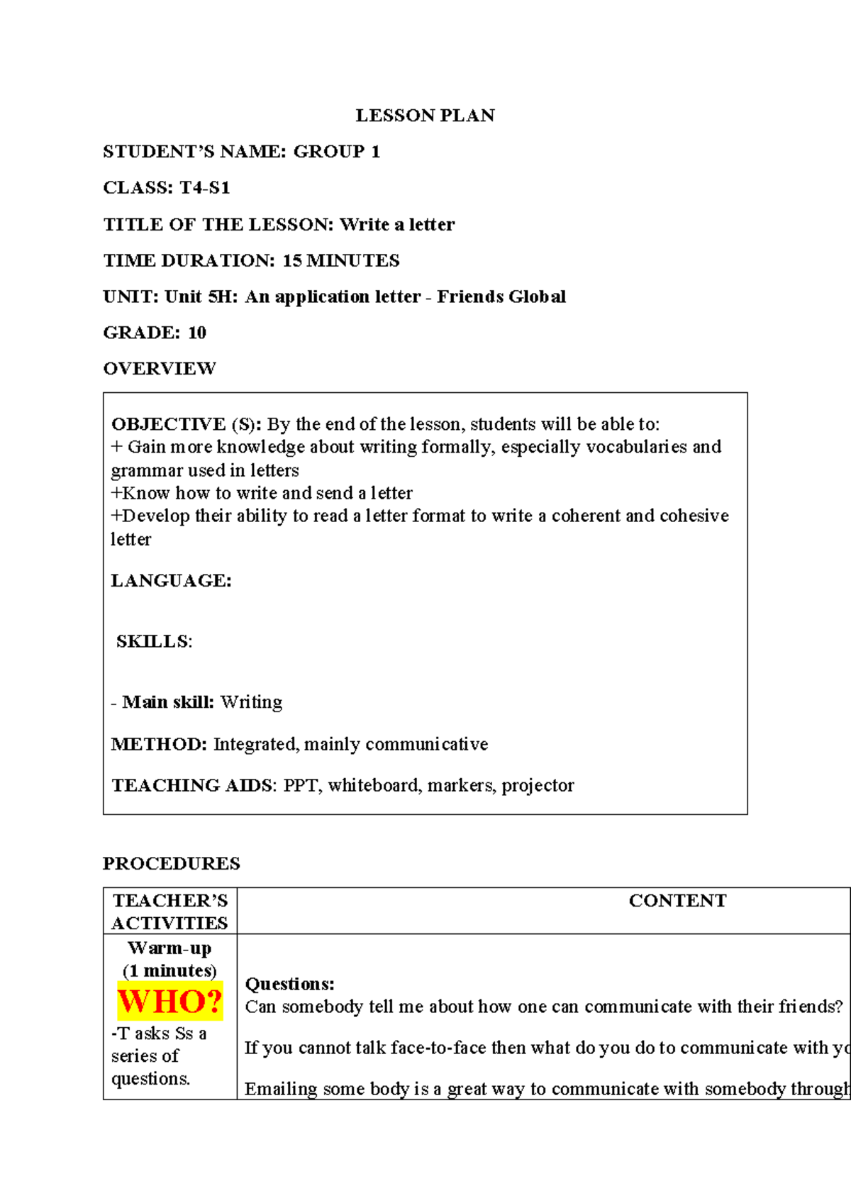 Lesson Plan: Writing a Formal Letter - Grade 10 (Unit 5H) - Studocu