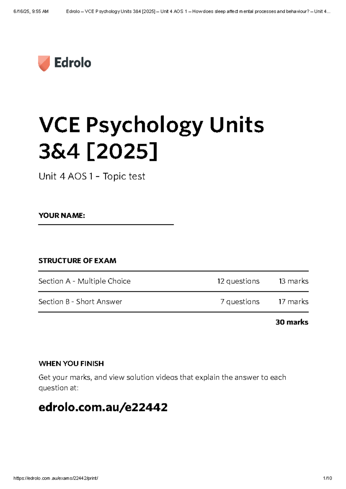 Edrolo VCE Psychology Units 3&4 [2025] Unit 4 AOS 1 Topic Test: Sleep's ...