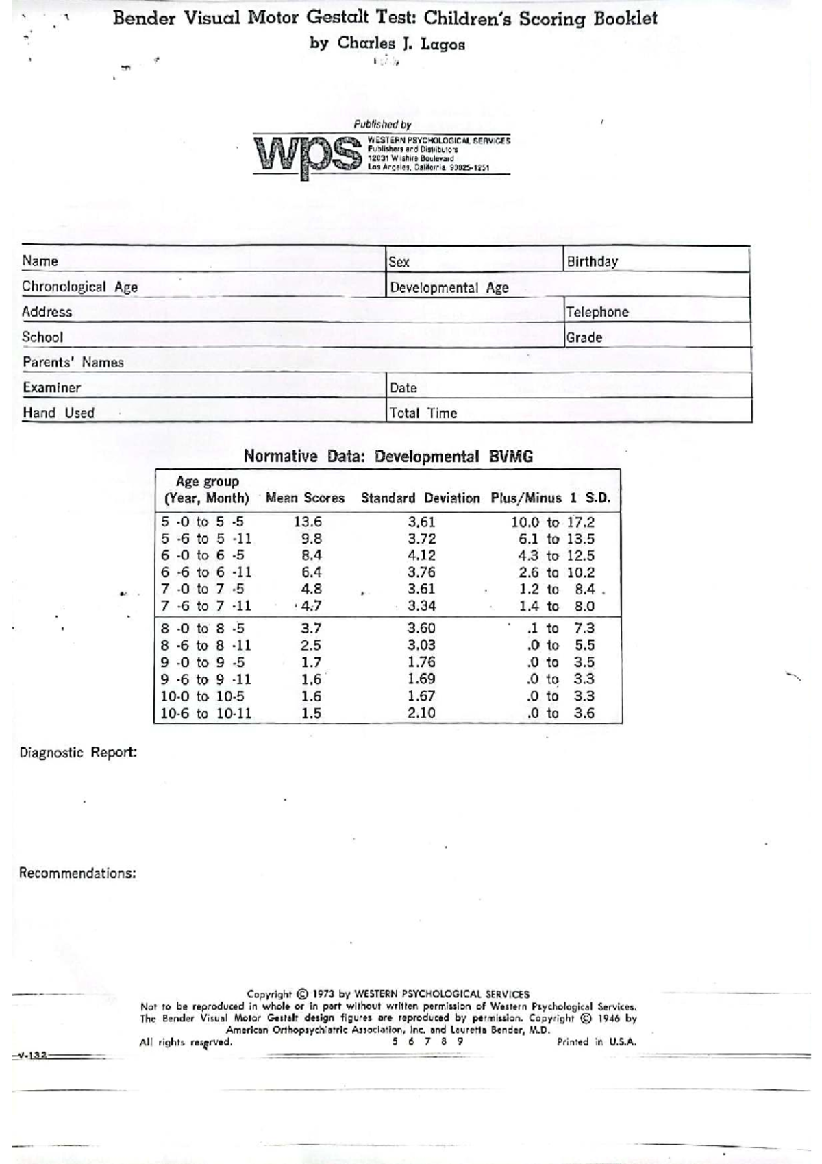 Bender visual motor gestalt test scoring booklet (BVMG) - Studocu