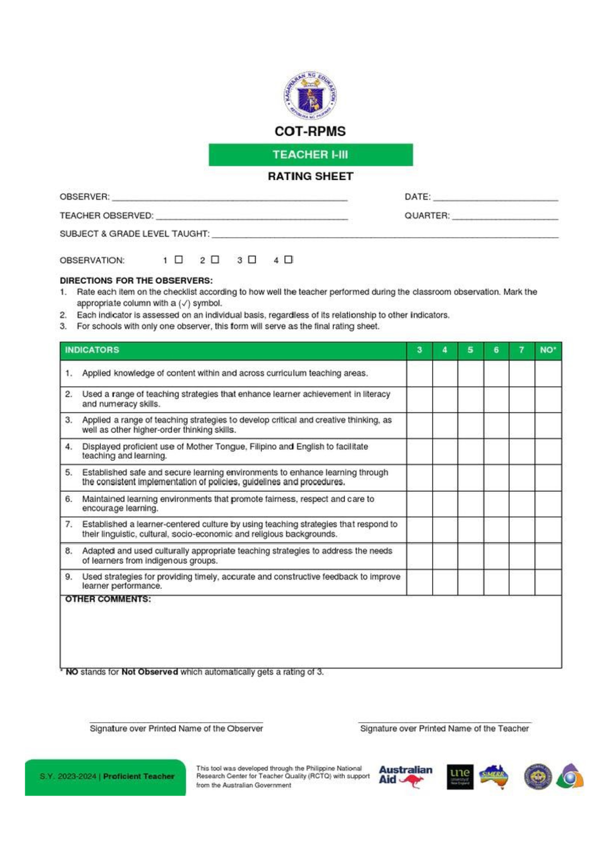 COT-RPMS Teacher I-III Rating Sheet & Behavioral Objectives Guide - Studocu