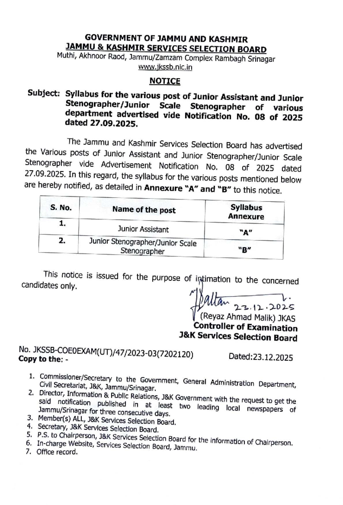 Syllabus for Junior Assistant & Stenographer Posts (JKSSB) - 2025 - Studocu