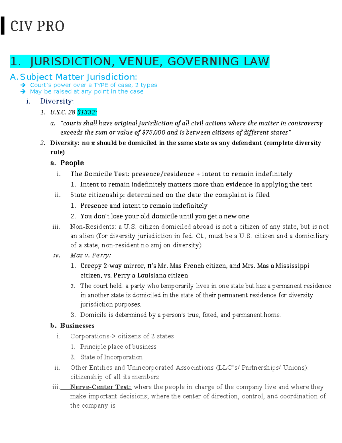 Civ Pro - Outline on Subject Matter Jurisdiction and Related Concepts ...
