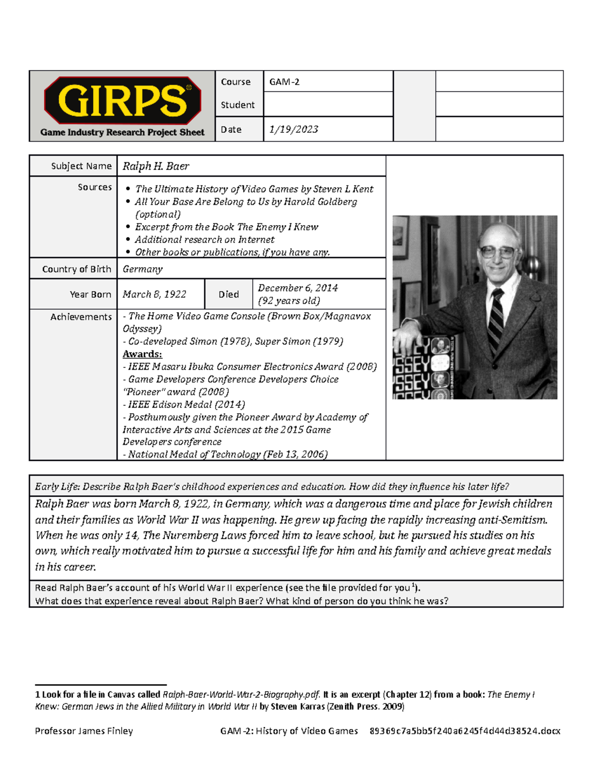 GAM 21 (GAM 2) - GIRPS Ralph Baer - Course GAM- Student Date 1/19 ...