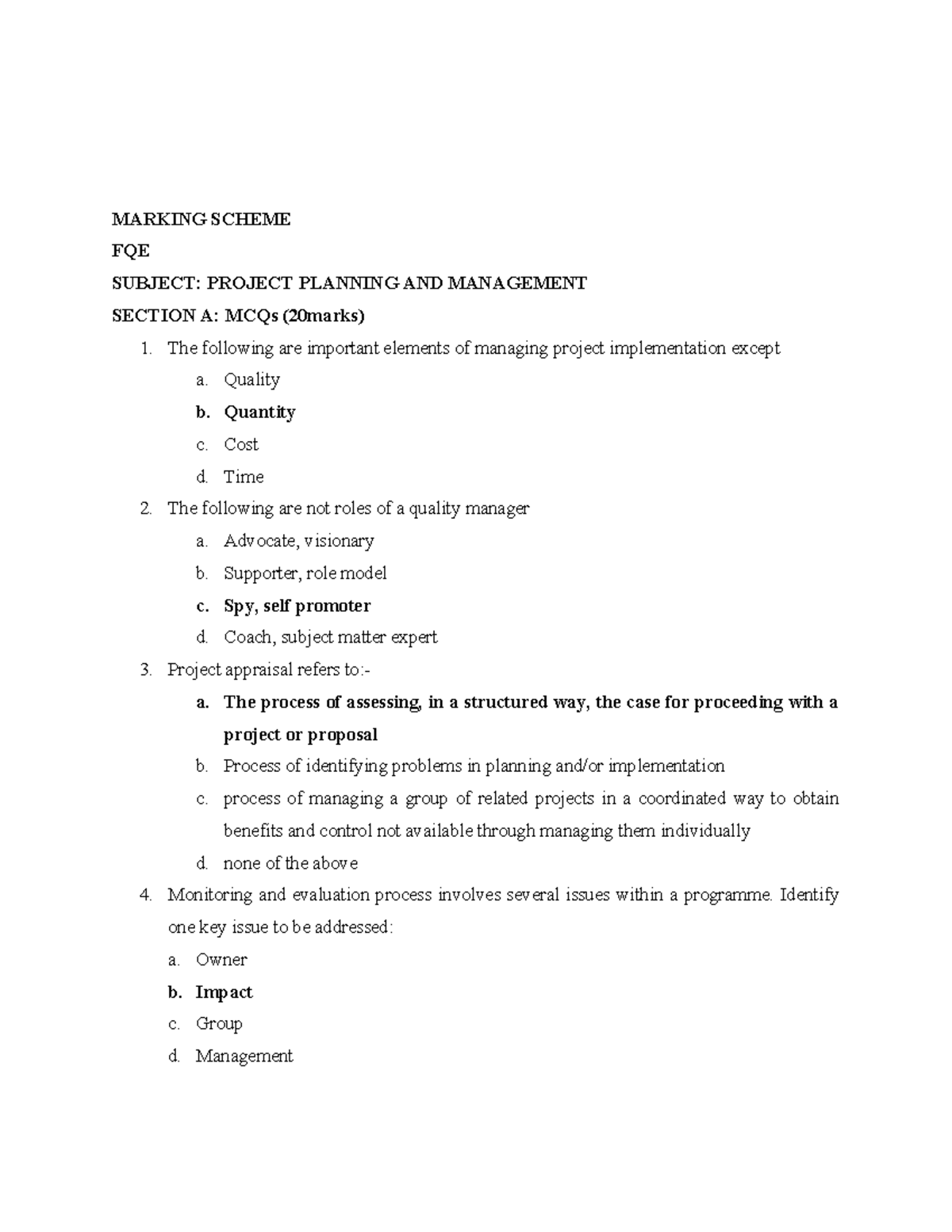 Project Management 2 - MARKING SCHEME FQE SUBJECT: PROJECT PLANNING AND ...