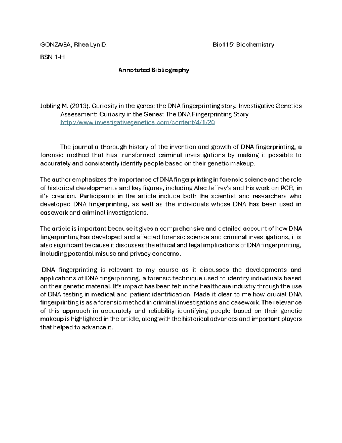 Annotated Bibliography - GONZAGA, Rhea Lyn D. Bio 115 : Biochemistry ...