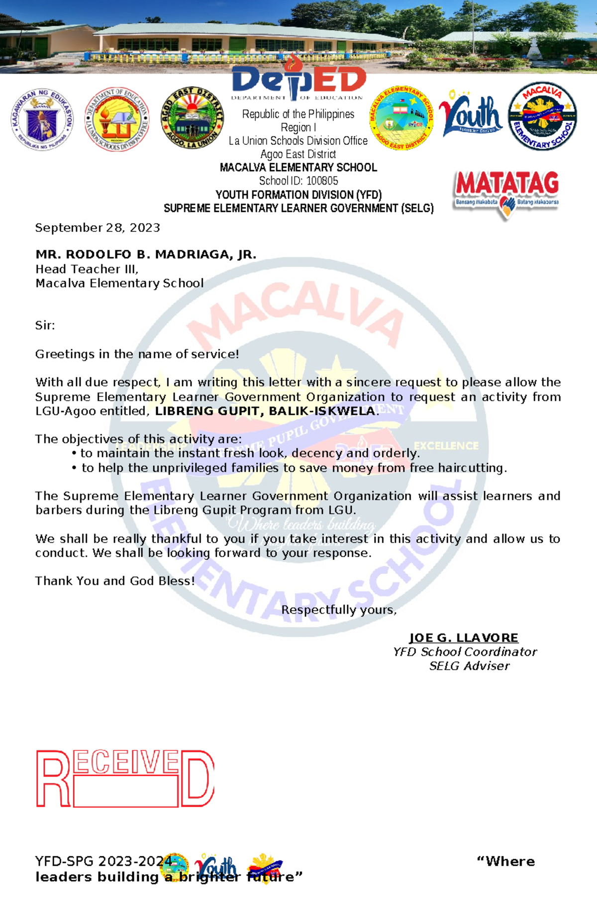 Libreng Gupit Request Letter for YFD-SPG 2023-2024 Activity - Studocu