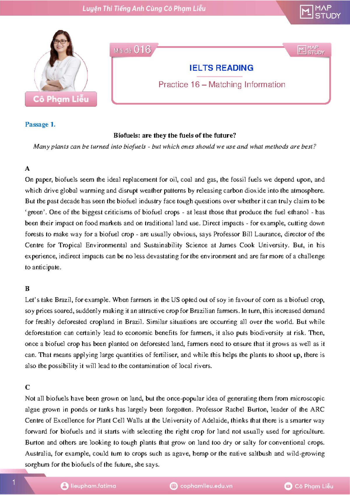 Mã đề 016 IELTS READING Practice 16: Biofuels and Their Future - Studocu