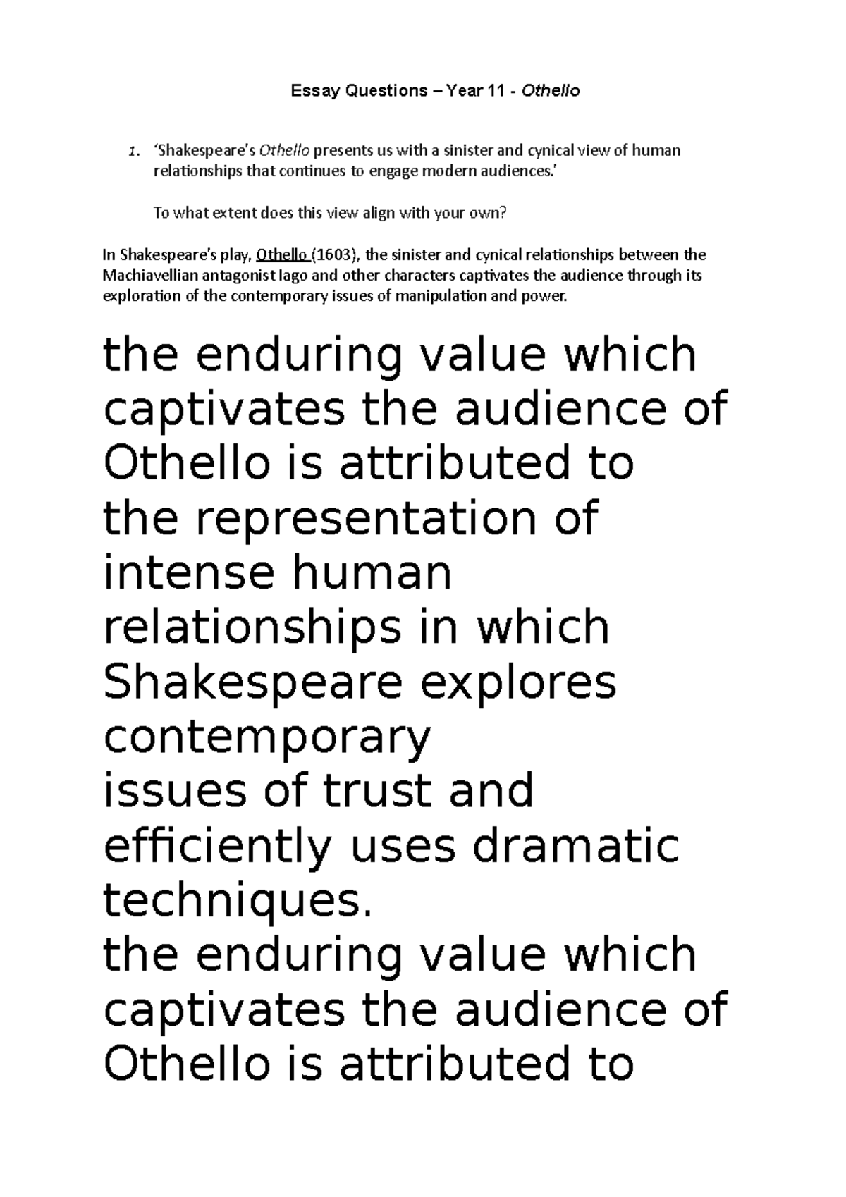 Practice questions Othello - Essay Questions – Year 11 - Othello 1 ...