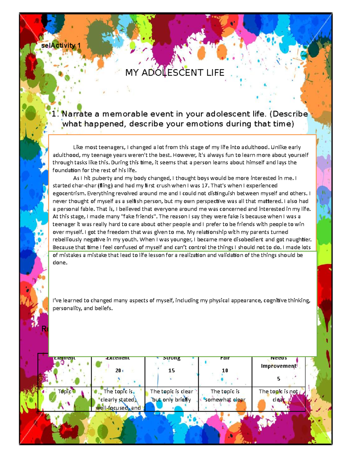 Adolescence Activity - Insights and Reflections on Growth - Studocu