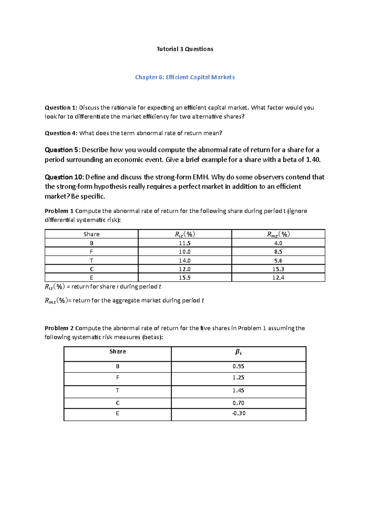 FINC3008 Tutorial 3 Questions: Efficient Capital Markets Analysis - Studocu