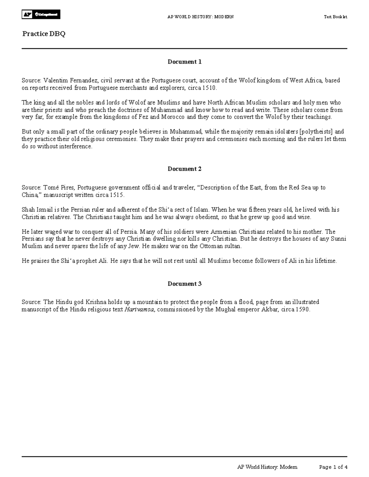 AP WORLD HISTORY: MODERN Practice DBQ on Religious Tolerance 1450-1750 - Studocu