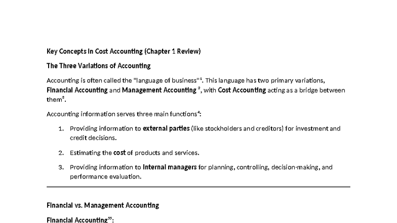 Key Concepts in Cost Accounting (ACCT 101) - Chapter 1 Review - Studocu