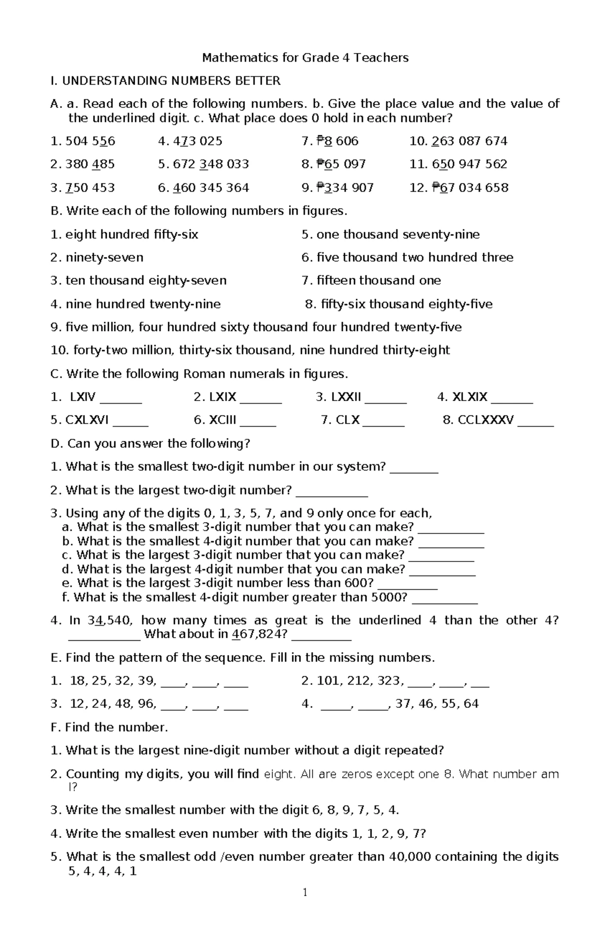 Mathematics for Grade 5 Teachers I: Understanding Numbers and ...
