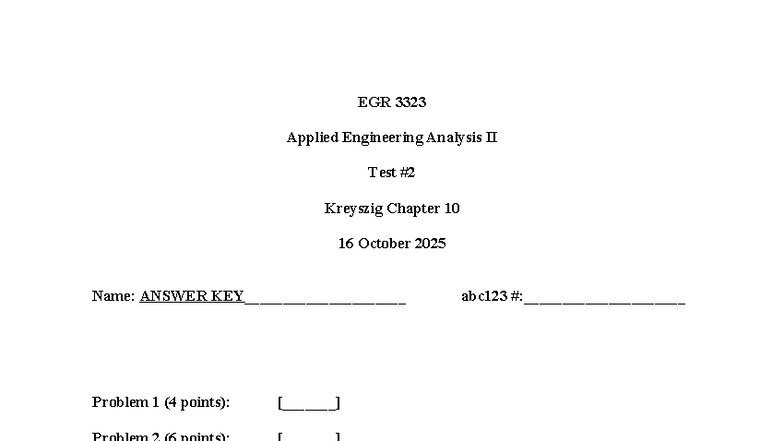 EGR 3323 Applied Engineering Analysis II Test #2 Solutions Fall 2025 ...