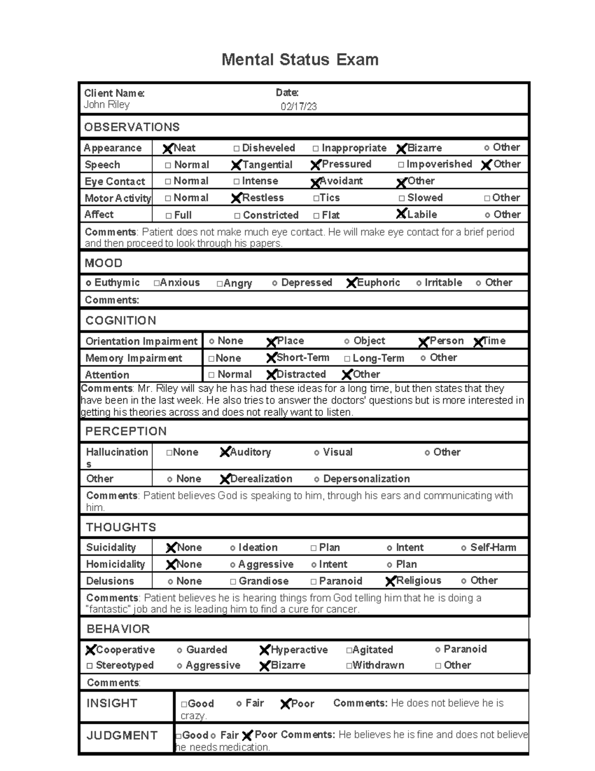 MSE John Riley - Comprehensive Mental Status Examination Report - Studocu