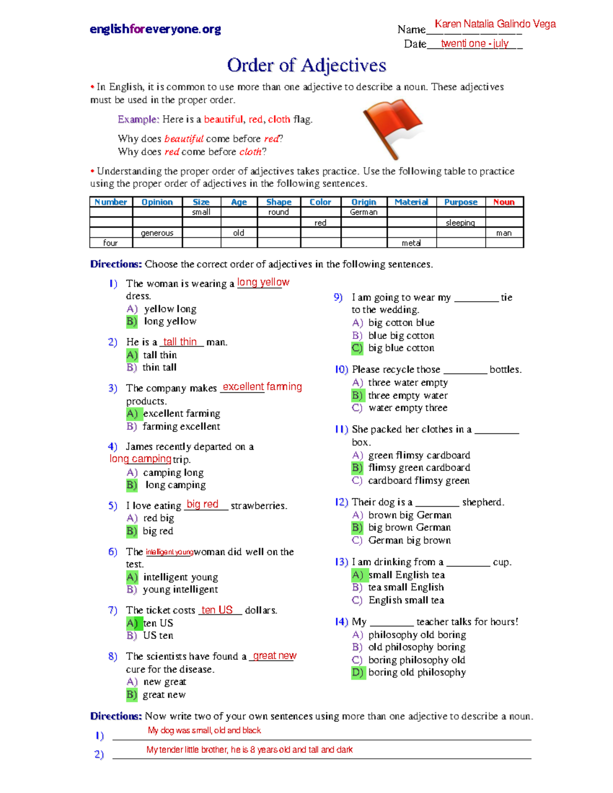 Order of Adjectives Handout for English Grammar Lessons - Studocu
