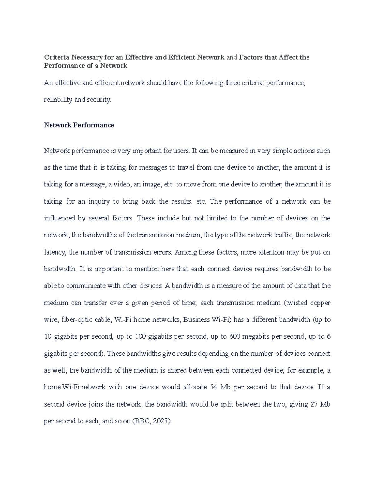 Criteria for an Efficient Network: Performance, Reliability & Security ...