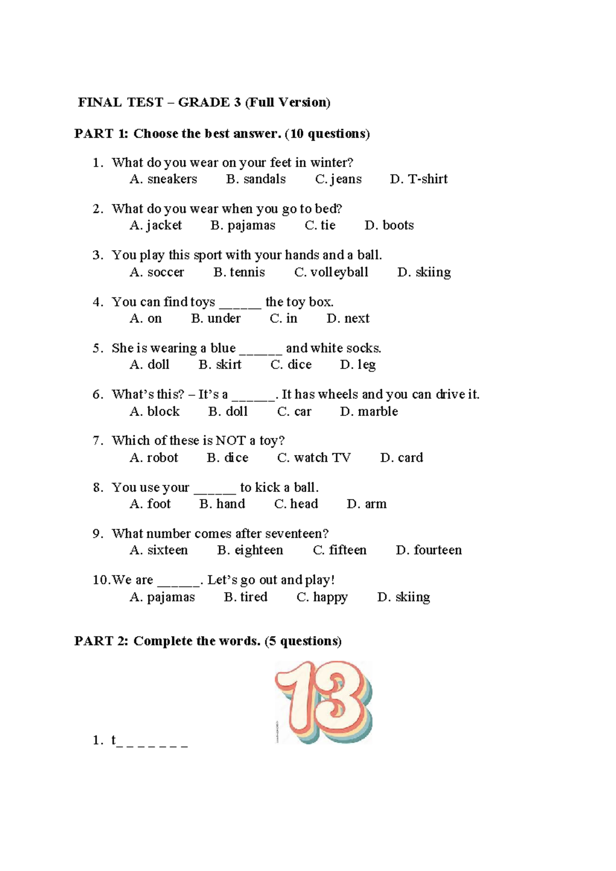 Final Test - Grade 3: Complete Version with Questions & Answers - Studocu