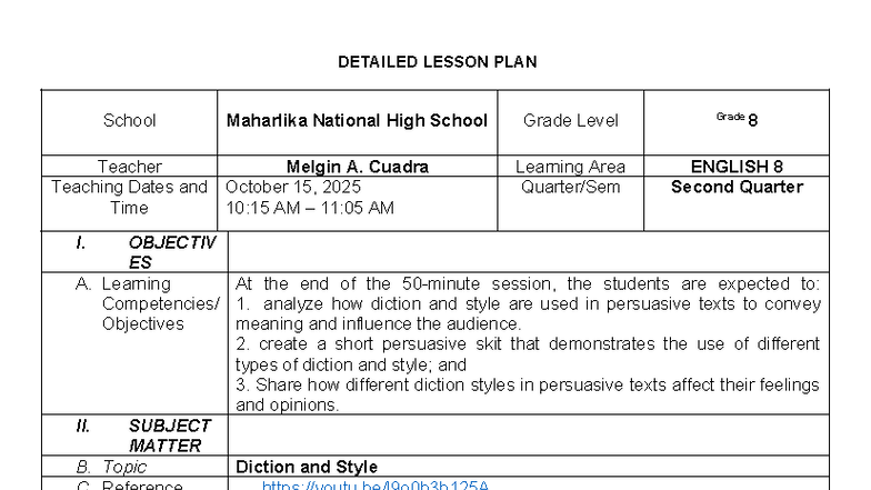 ENGLISH 8 Lesson Plan: Diction & Style for Persuasive Texts - Studocu