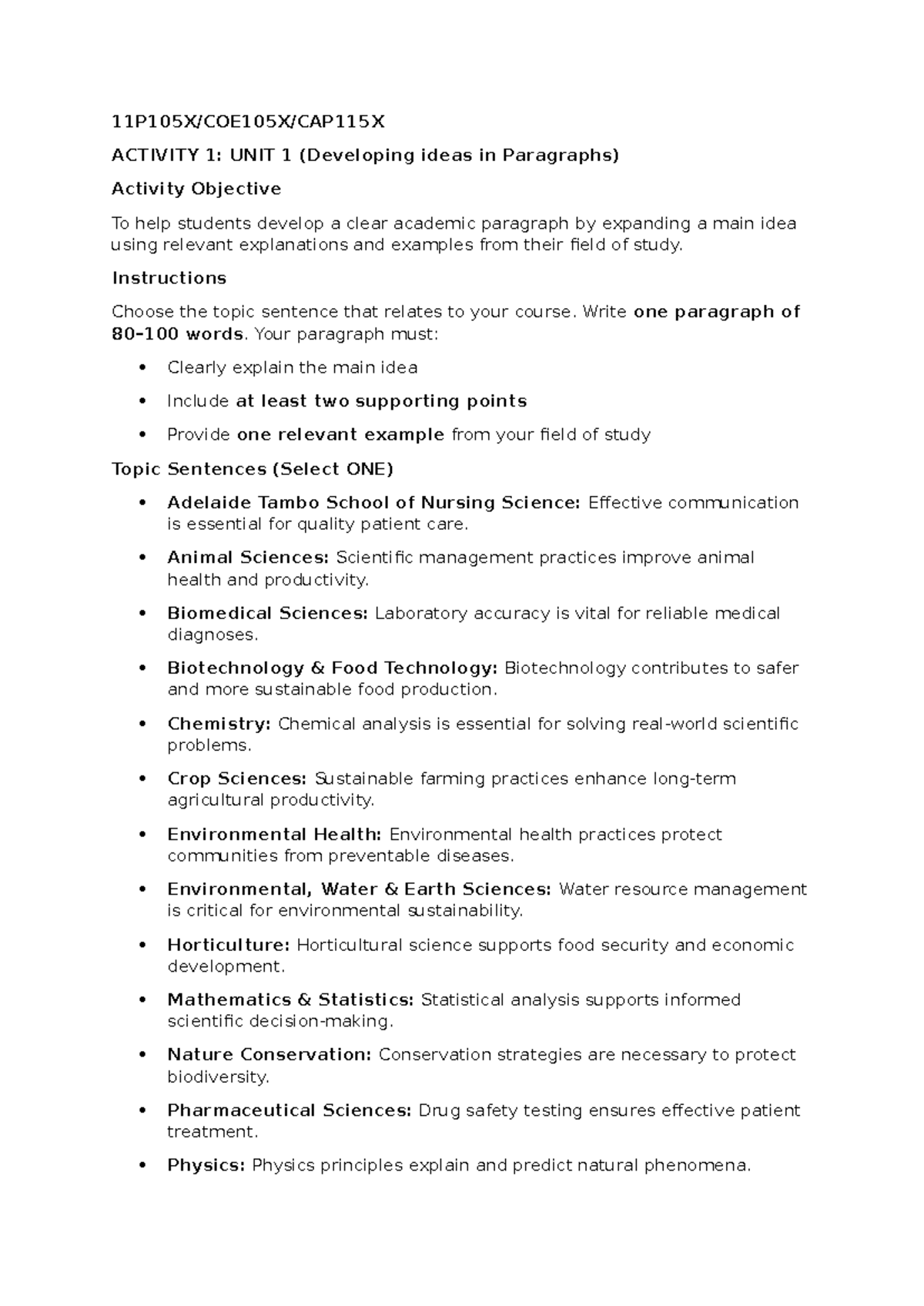 ACTIVITY 1: UNIT 1 - Developing Ideas in Paragraphs - Studocu