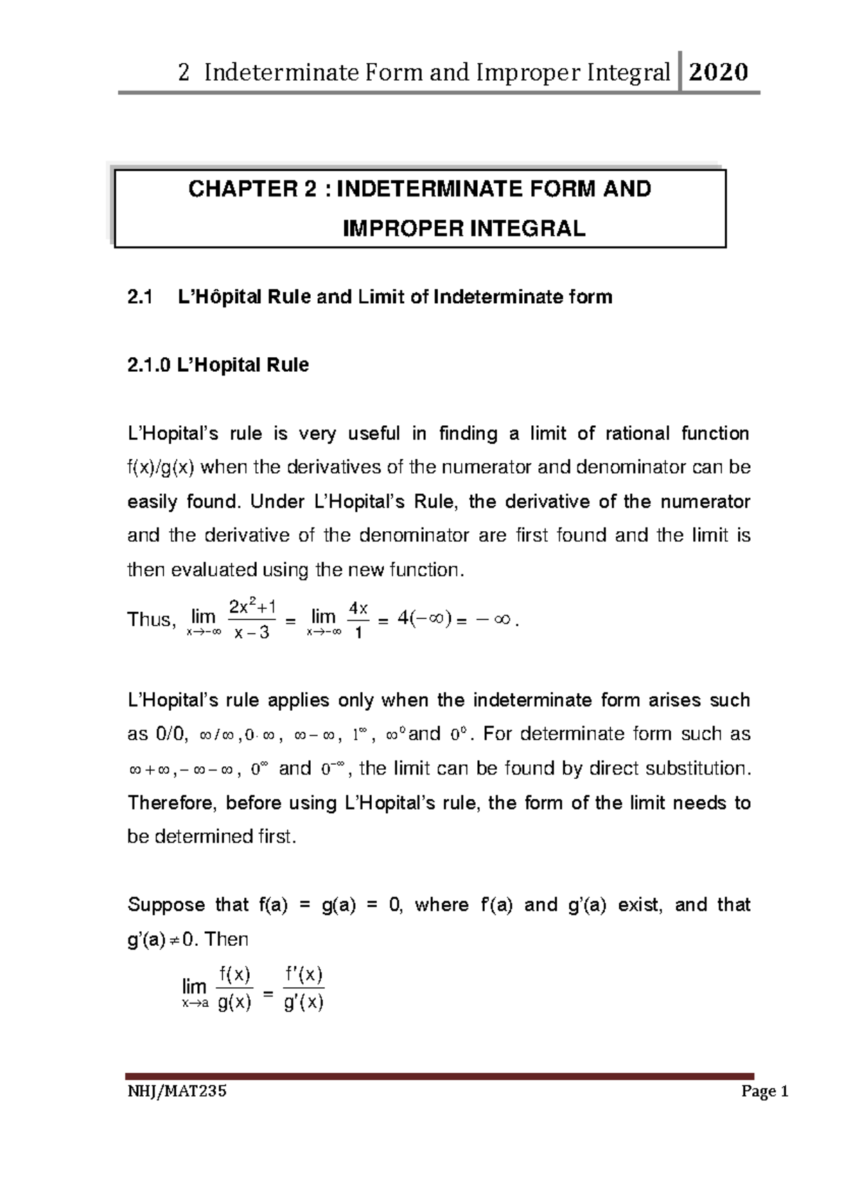 MAT235 Chapter 2: Indeterminate Forms & Improper Integrals - Studocu