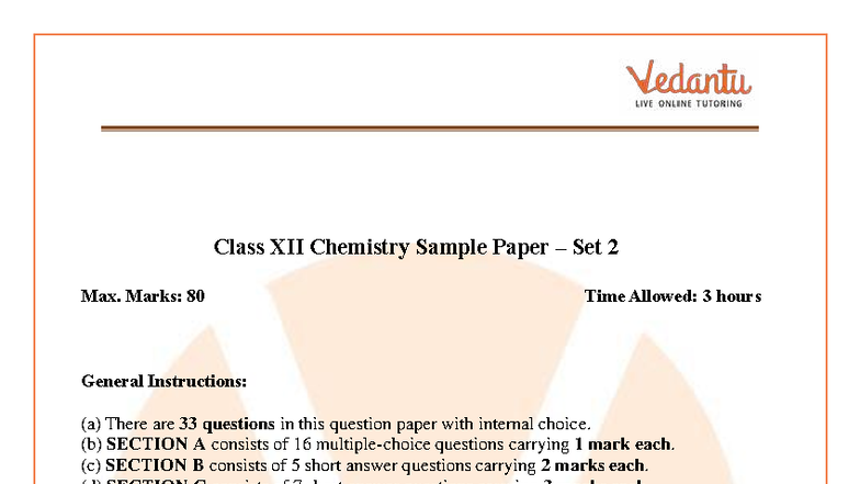 CBSE Class 12 Chemistry Sample Paper Set 2 (2025-26) - Max Marks: 80 ...