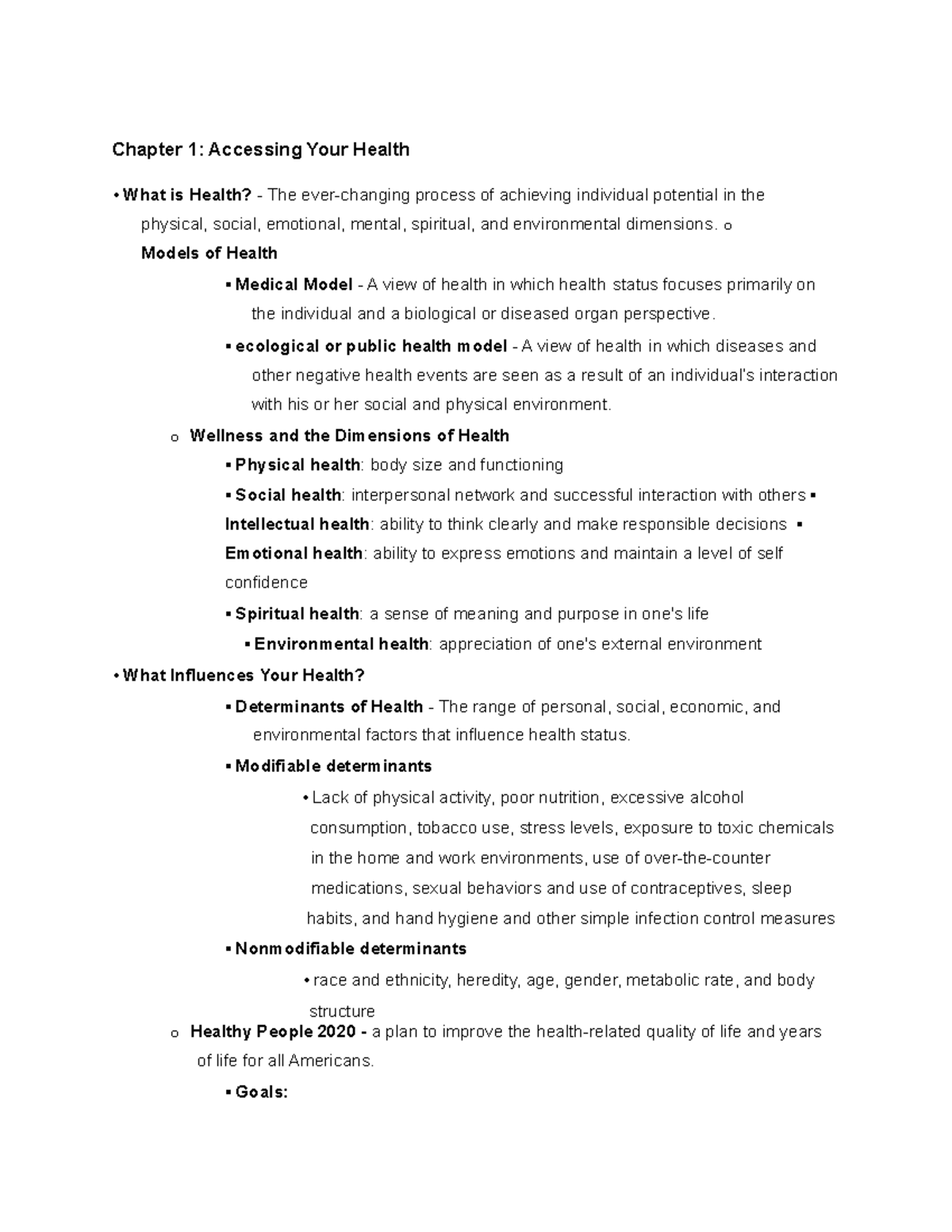 Exam One Study Guide Accessing Health - Chapter 1: Accessing Your ...