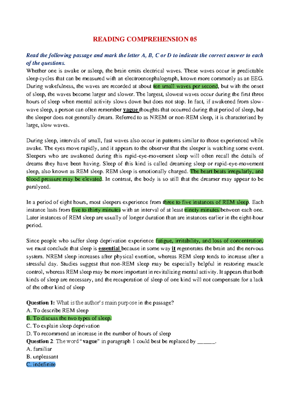READING COMPREHENSION 05: Sleep Cycles and REM/NREM Sleep Analysis ...