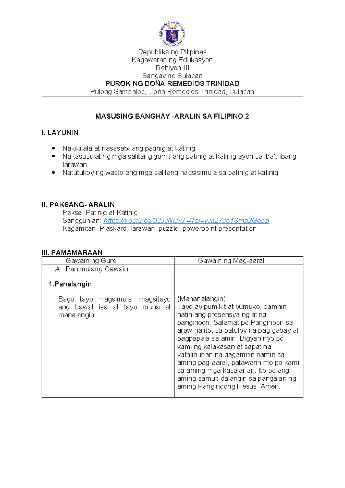 Lesson Plan on Patinig at Katinig for Filipino 2 - Studocu