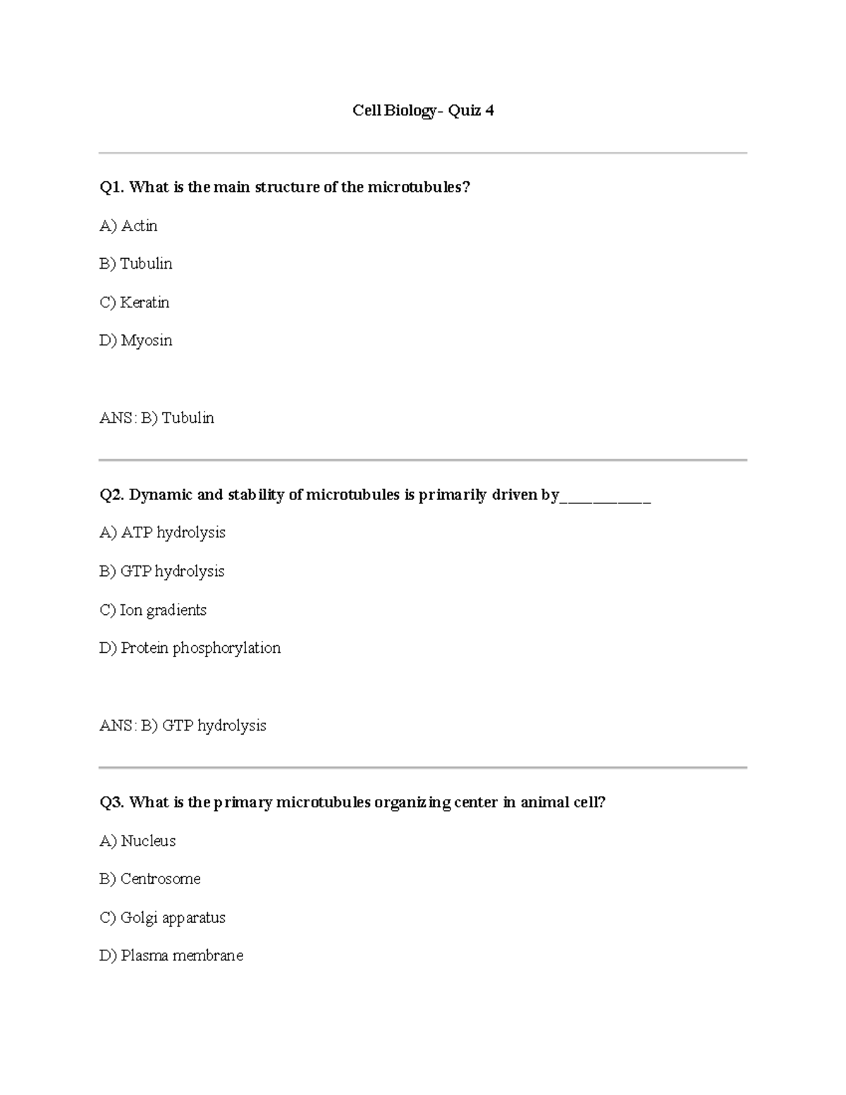 Cell Biology - Quiz 4 Practice Questions and Answers - Studocu