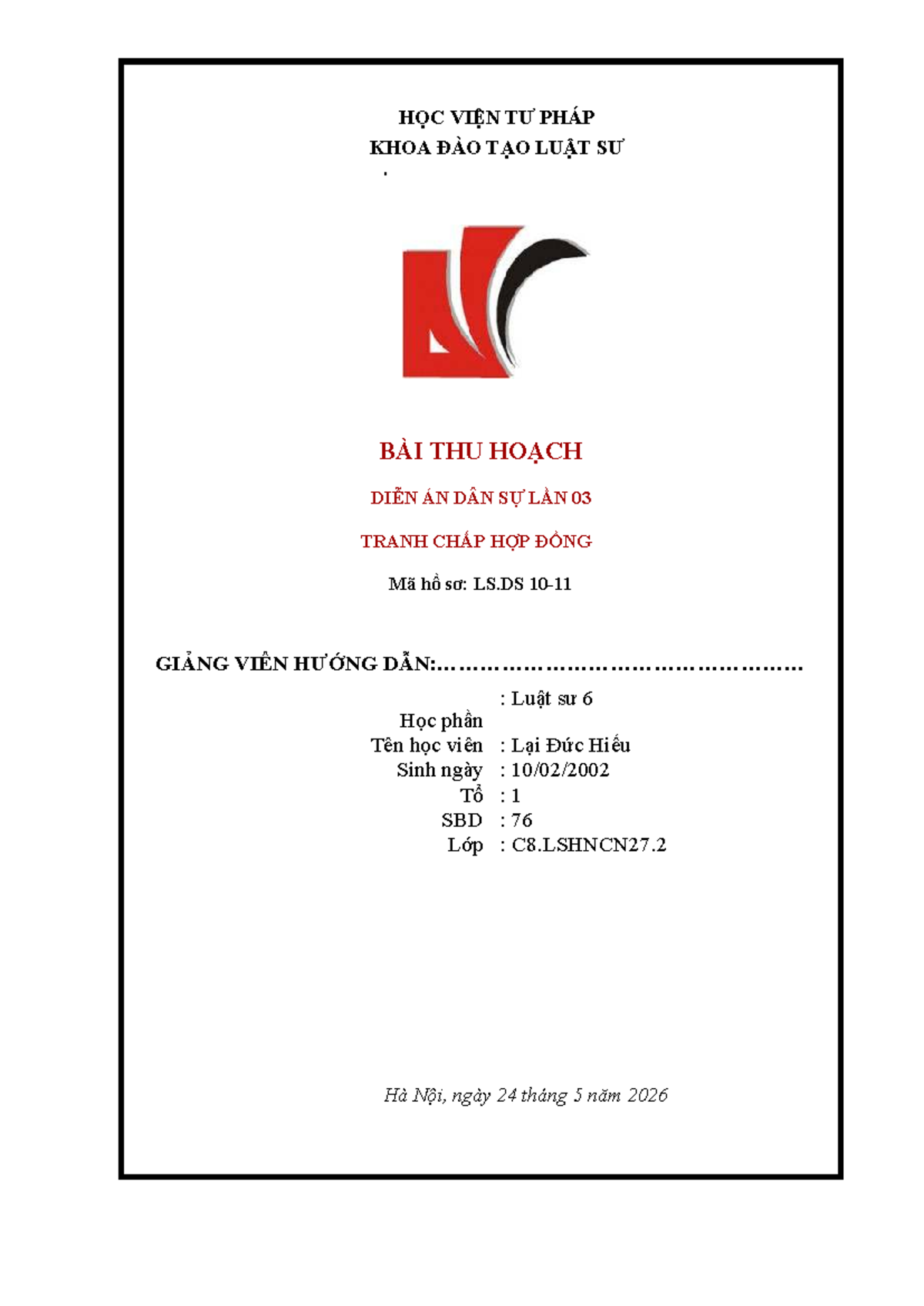 BÀI THU HOẠCH DIỄN ÁN DÂN SỰ LẦN 03: TRANH CHẤP HỢP ĐỒNG LS.DS - Studocu