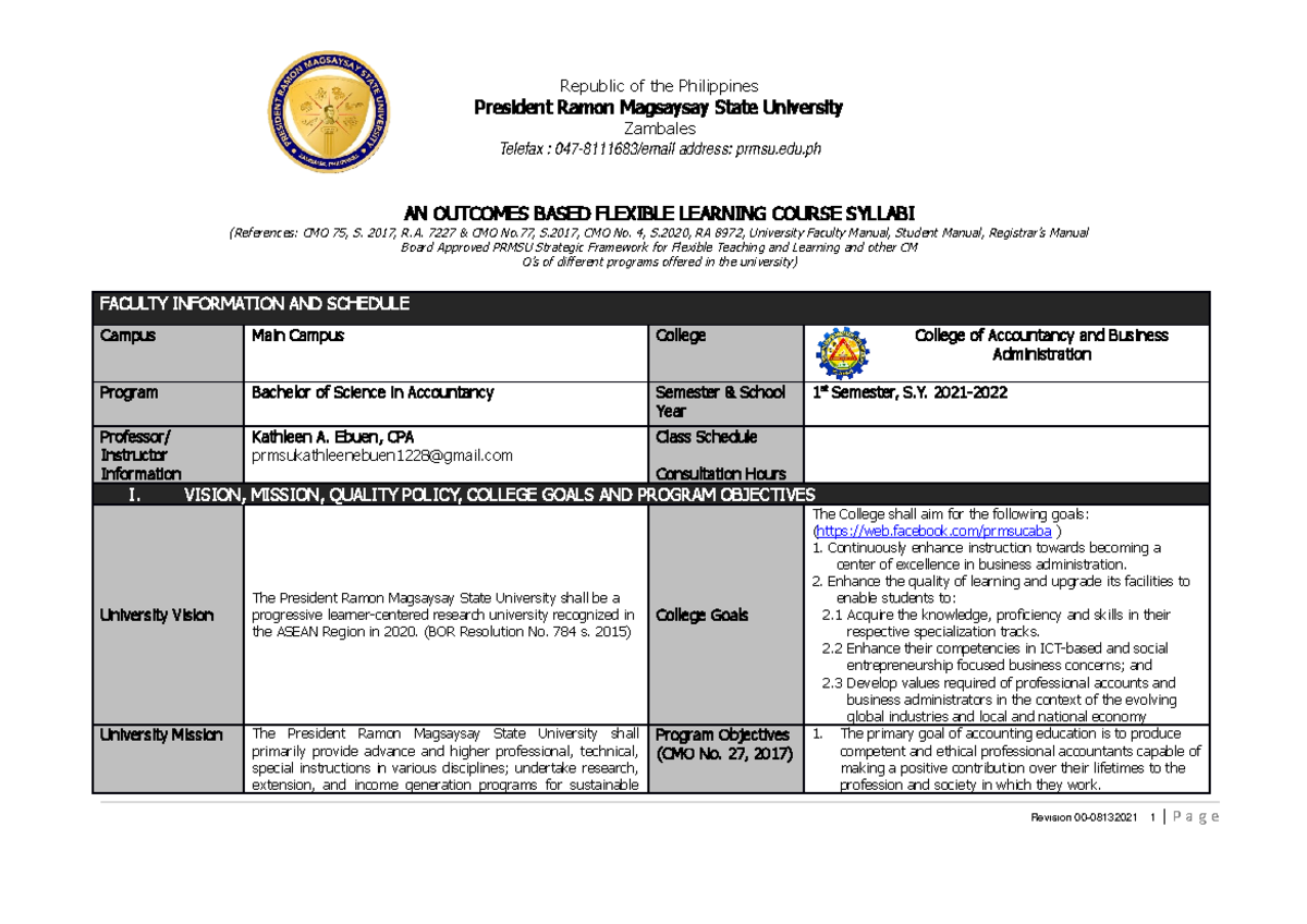 Basic Accounting Syllabus - Accountancy - PRMSU - Studocu