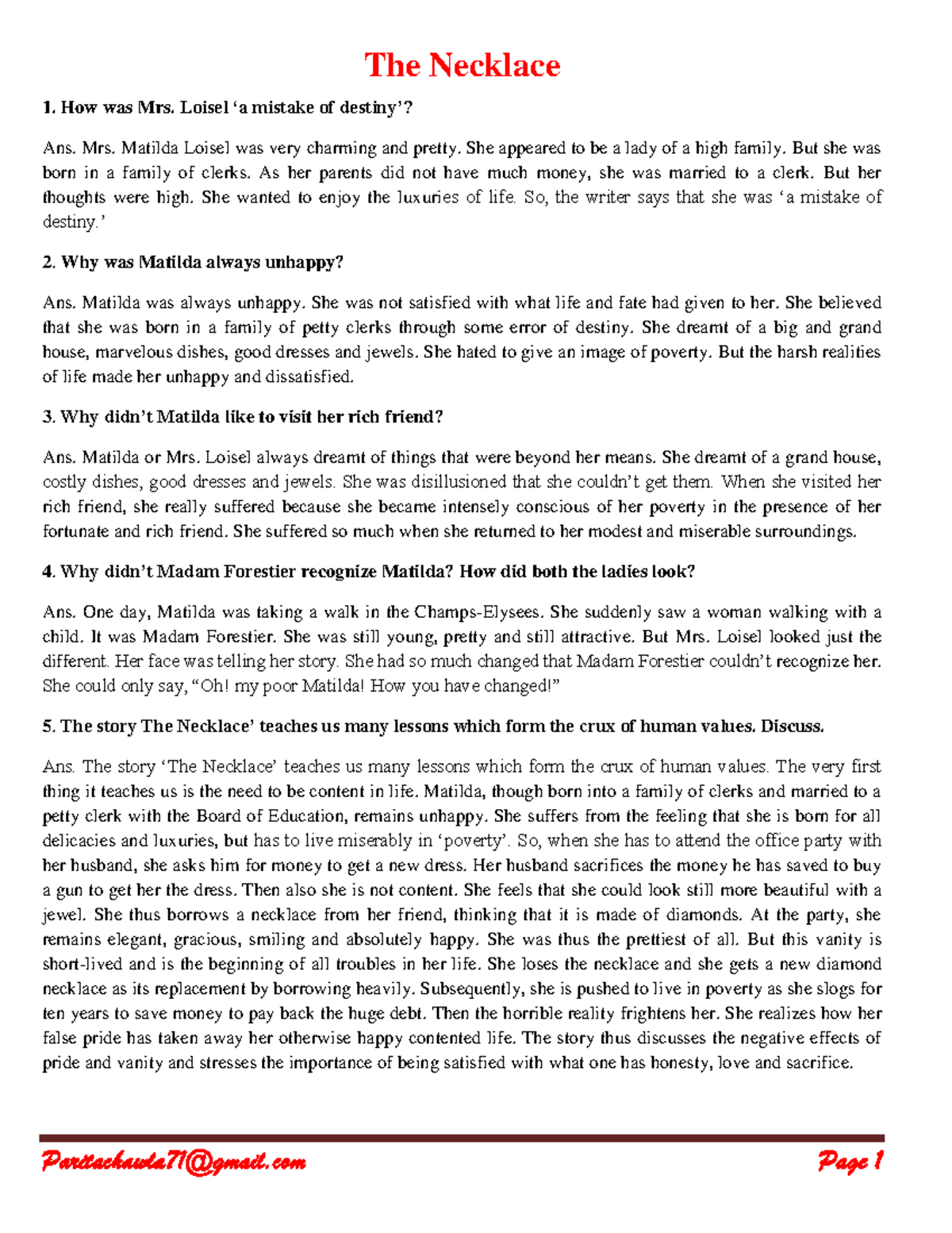The Necklace - Chapter Solutions and Analysis - Studocu
