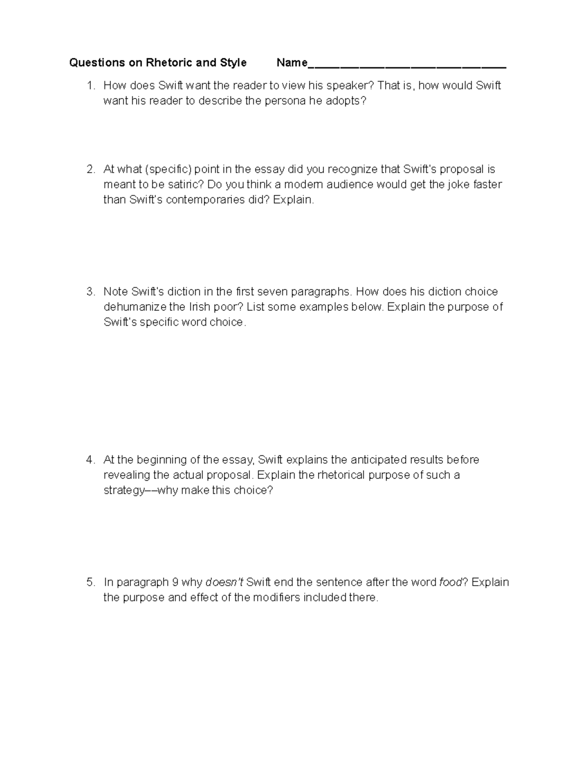 ENG 101 - Modest Proposal: Rhetoric & Style Analysis Questions - Studocu