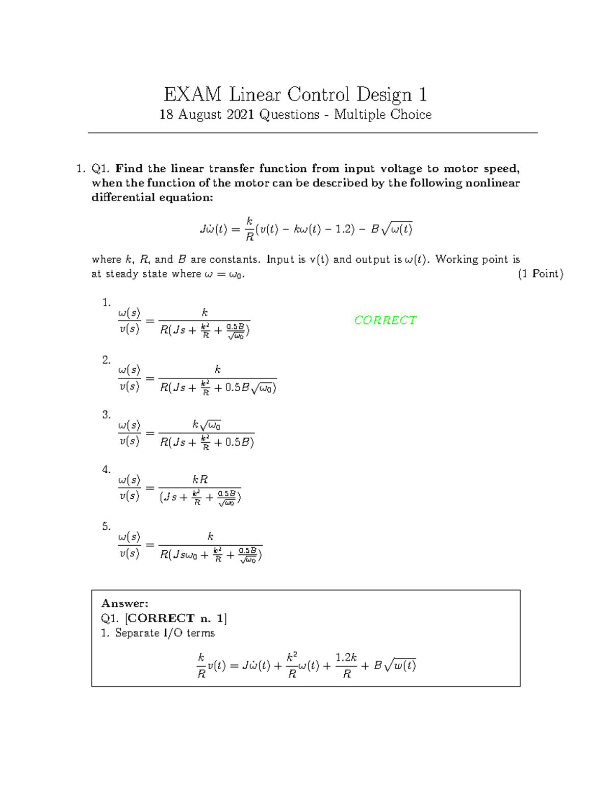 Linear Control System Exam Questions - LC1 2021: Multiple Choice ...