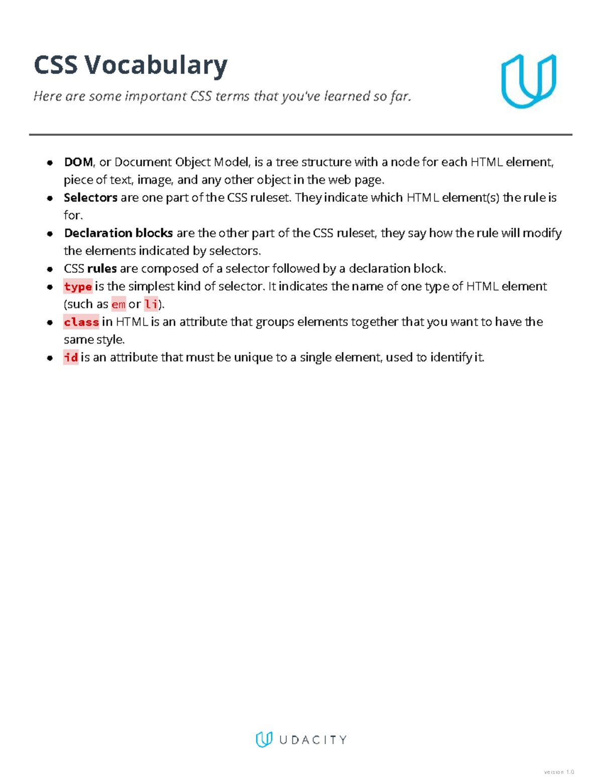 reference sheet css vocabulary - CSS Vocabulary Here are some important ...