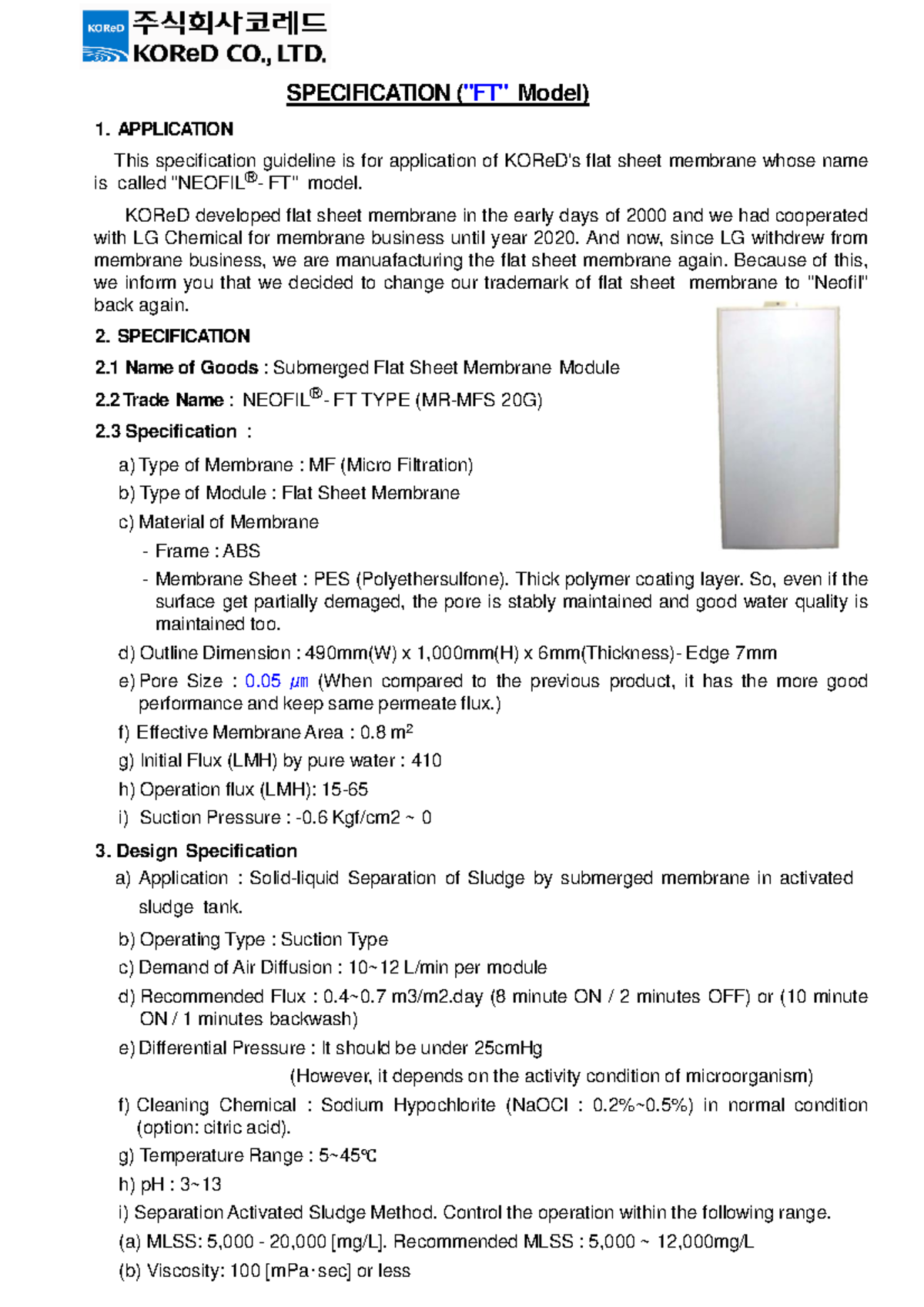 MBR Specification for FT TYPE 20G Flat Sheet Membrane Module - Studocu