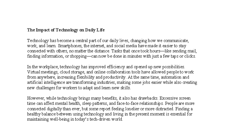 The Impact of Technology on Daily Life: Eng - Copy - AWS - Studocu