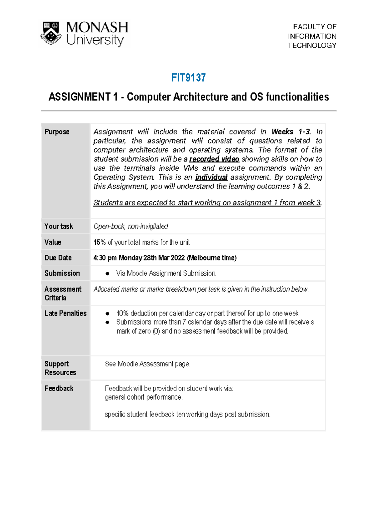 FIT9137 S1 2022 Assignment 1 - FACULTY OF INFORMATION TECHNOLOGY FIT ASSIGNMENT 1 - Computer ...