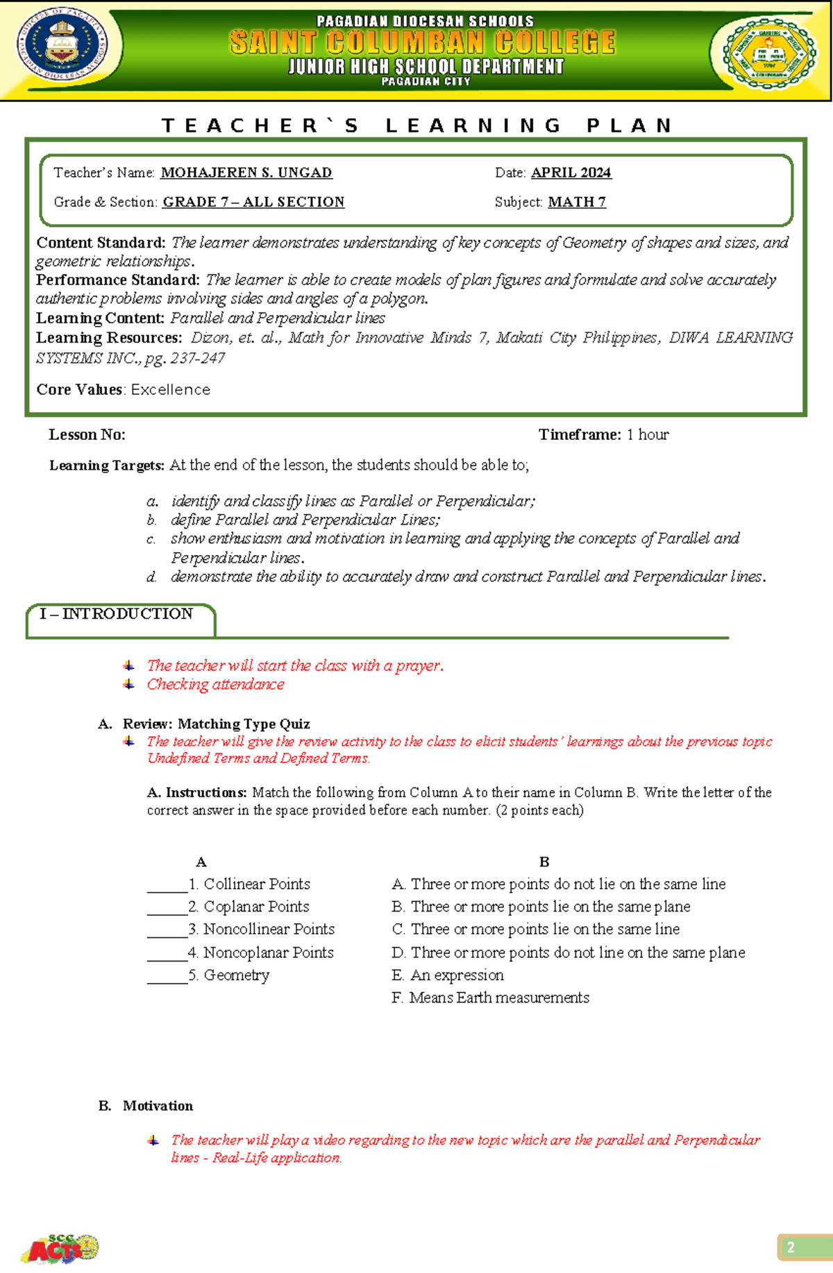 Lesson Plan: Parallel and Perpendicular Lines (MATH 7) - Studocu